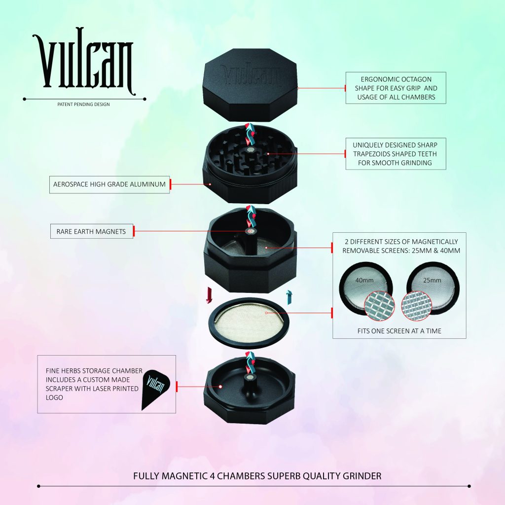Vulcan 75mm Fully Magnetic 4pc Herb Grinder-Black - Octodabz