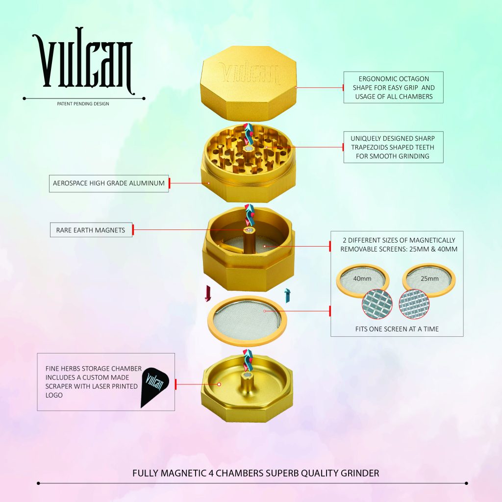 Vulcan 75mm Fully Magnetic 4pc Herb Grinder-Gold - Octodabz