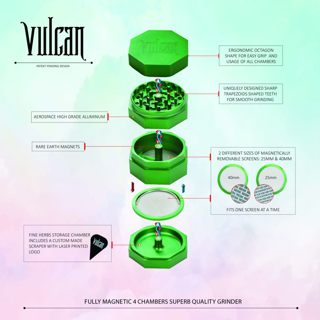 Vulcan 75mm Fully Magnetic 4pc Herb Grinder-Green - Octodabz